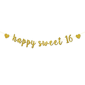 Happy Sweet 16 Banner, 16 and Fabulous, Cheer to 16 Years, Gold Glitter Happy 16th Birthday Party Decorations Supplies