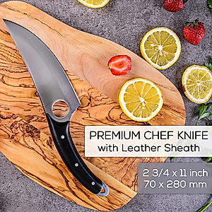 Crystalia Chefs Knife, Handmade Butcher Cleaver Knife for Meat Cutting, Hand Forged Boning Knife with Sheath, Caveman Style Viking Knives for Kitchen, BBQ, Camping, or Outdoor, 11 inches