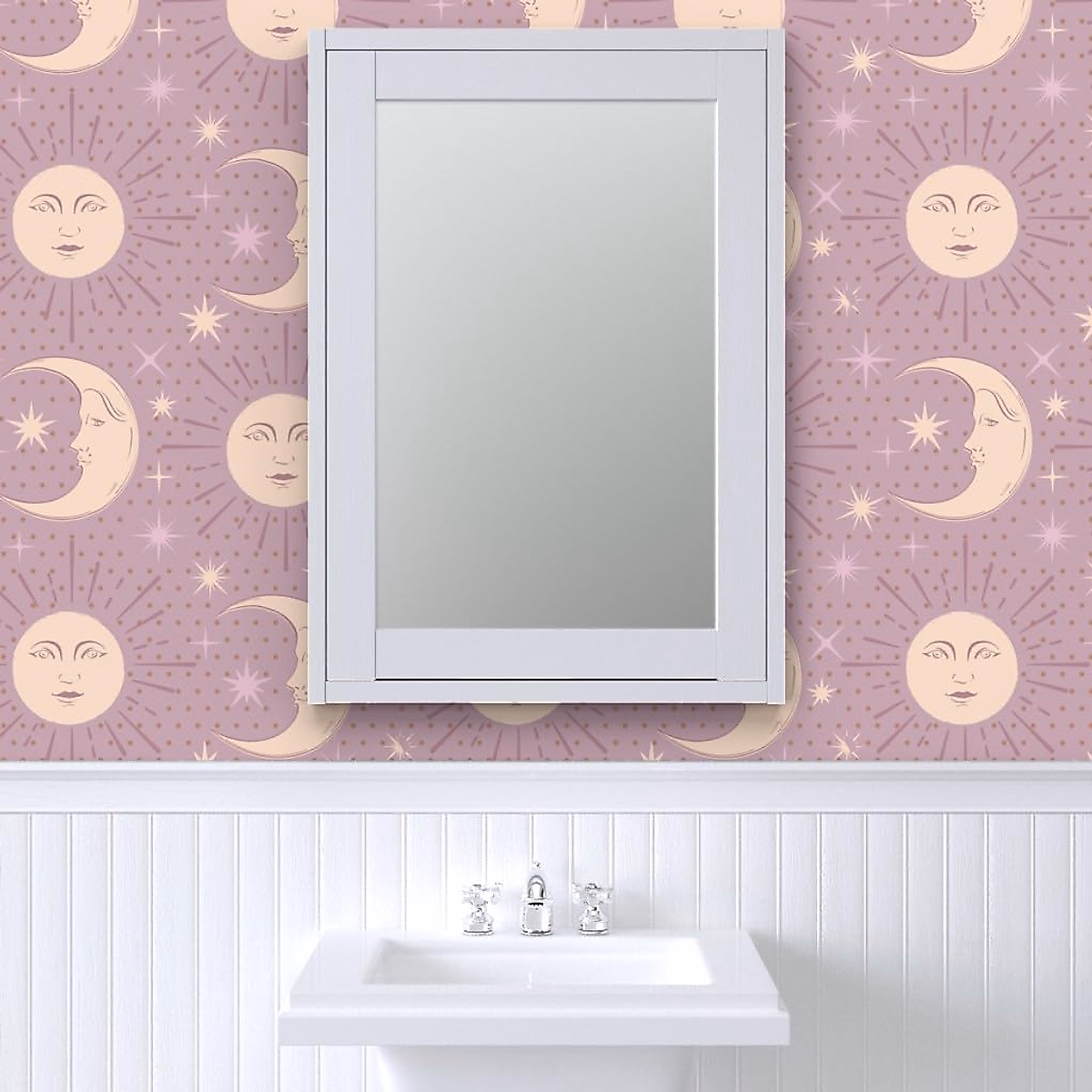 Peel & Stick Wallpaper Swatch - Purple Suns Boho Stars Mauve Celestial Moon Sky Custom Removable Wallpaper by Spoonflower