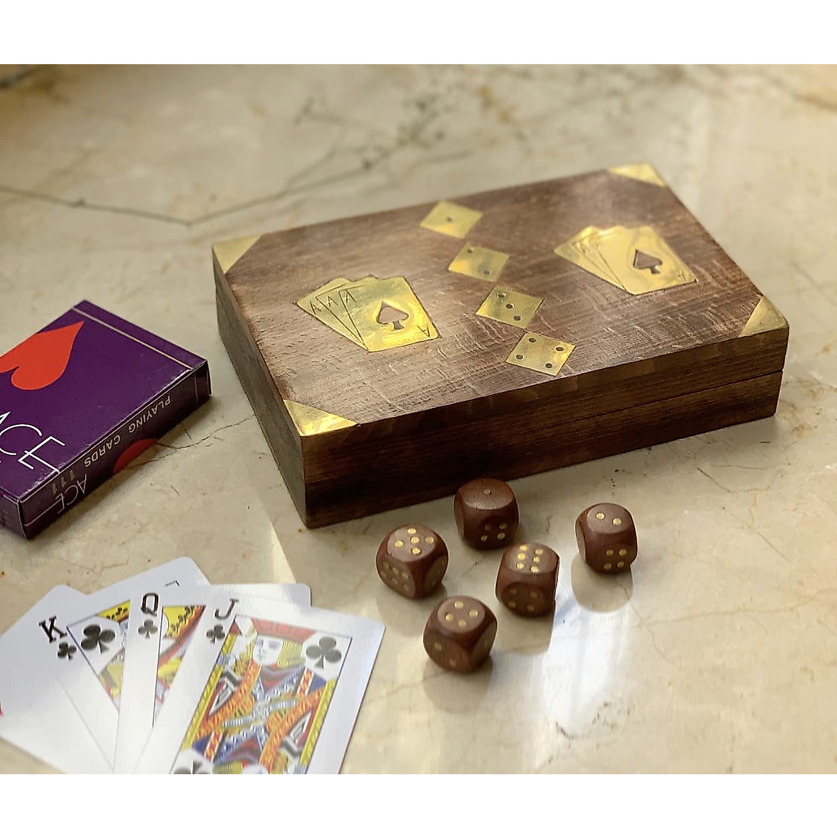 Birthday Gift Ideas Handcrafted Classic Wooden Playing Card Holder Deck Box Storage Case Organizer With Dice & Two Packs of Premium Quality 'Ace' Playing Cards For Men Women