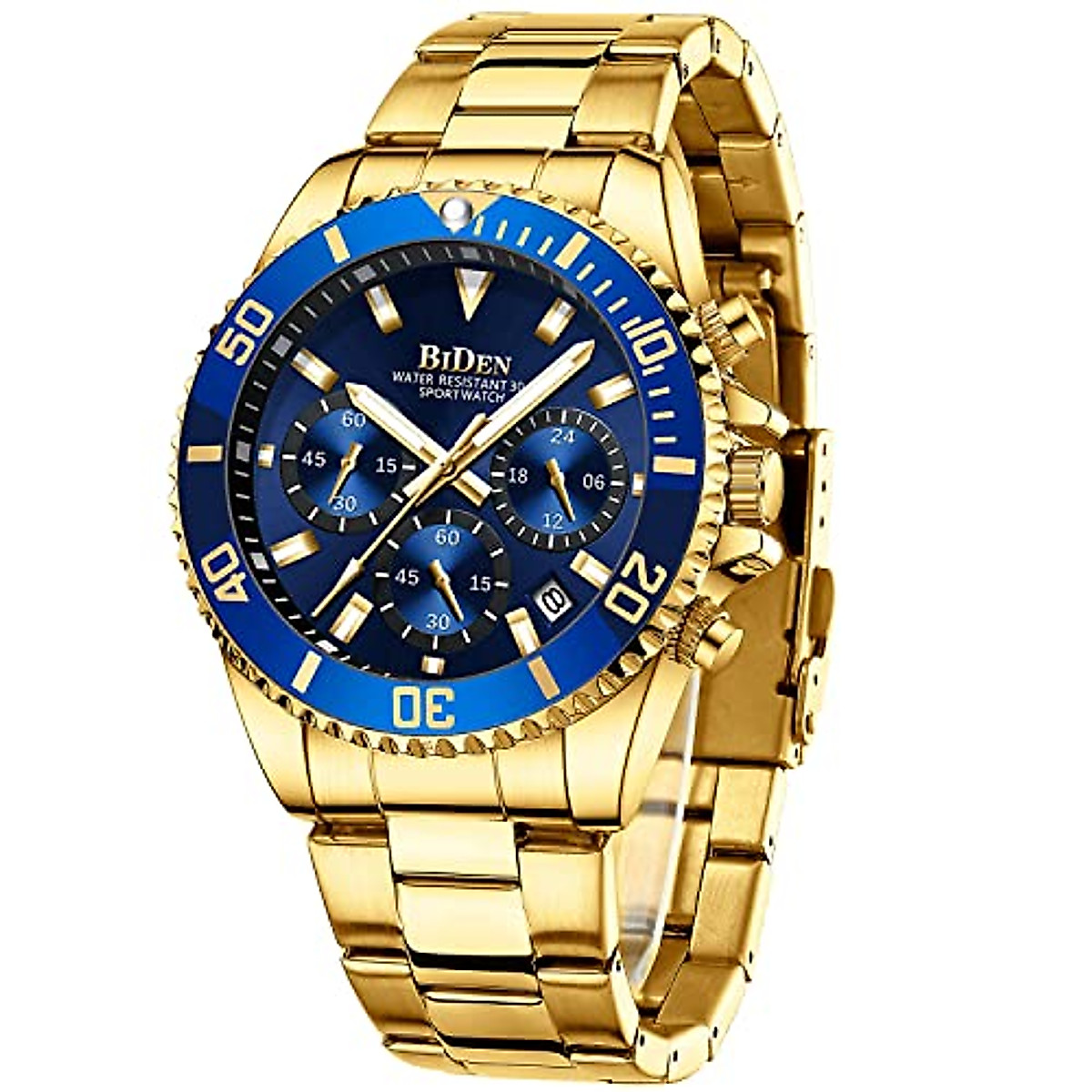BIDEN Mens Watches Chronograph Gold Blue Stainless Steel Waterproof Date Analog Quartz Watch Business Casual Fashion Wrist Watches for Men