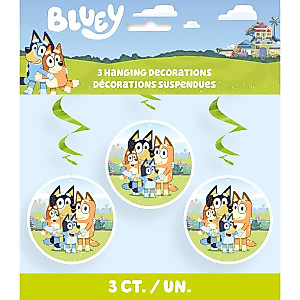 Bluey Birthday Party Supplies Bundle includes 1 Happy Birthday Banner , 3 Hanging Swirl Decorations, 1 Dinosaur Sticker Sheet