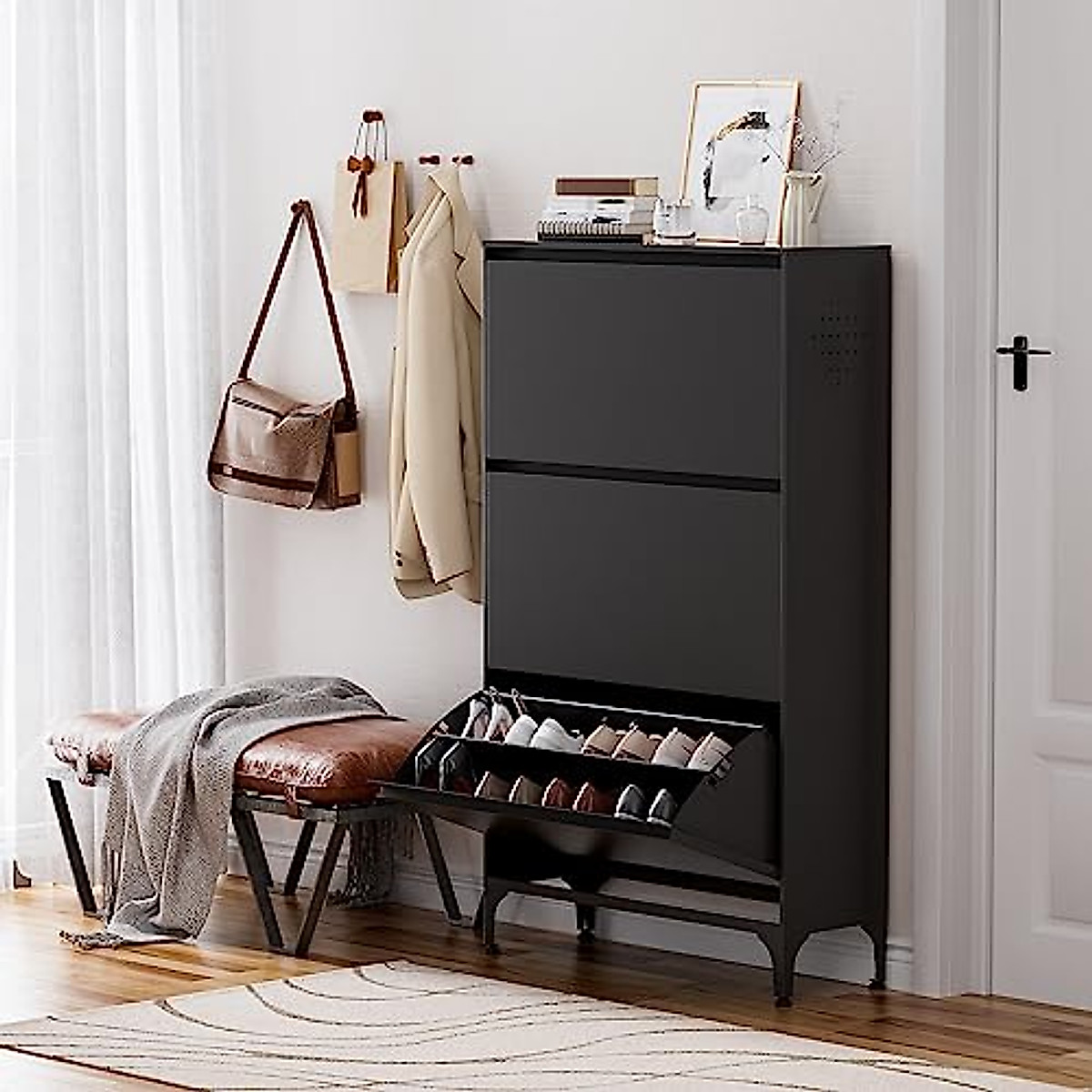 WIILAYOK Shoe Cabinet - Freestanding or Wall Mounted Shoe Storage Organizer with 3 Flip Drawers and Adjustable Shelves - Ideal for Entryway, Hallway, Living Room