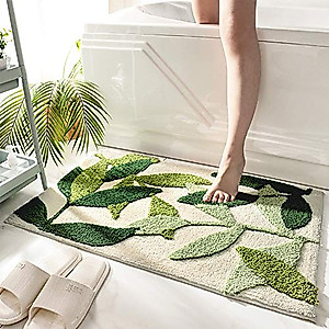 Throw Bathroom Rugs and Mats 20"x32" Green Bath Rug Non Slip Machine Washable Soft Bathroom Floor Mat for Entrance, Green Leaves