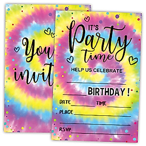 AWSICE Tie Dye Theme Birthday Invitations, Double-Sided Fill-In Invite Cards For Birthday Party, 20 Invitations With Envelopes, Decorations,Party Favor And Supply-A49