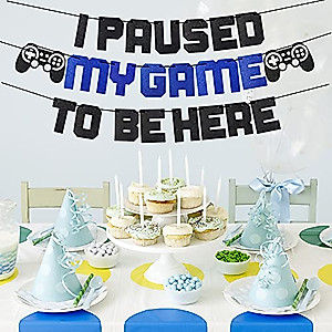 Video Game Party Supplies I Paused My Game To Be Here Banner, Blue Gaming Birthday Party Decorations for Boys, Glitter Game Theme Backdrop Sign Decor