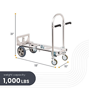 HaulPro Junior Heavy Duty Convertible Hand Truck with Double Grip Handles - Aluminum Dolly Cart for Moving - 1,000 LB Capacity - Converts from Hand Truck to Platform Push Cart - 52" L x 41" W x 44" H