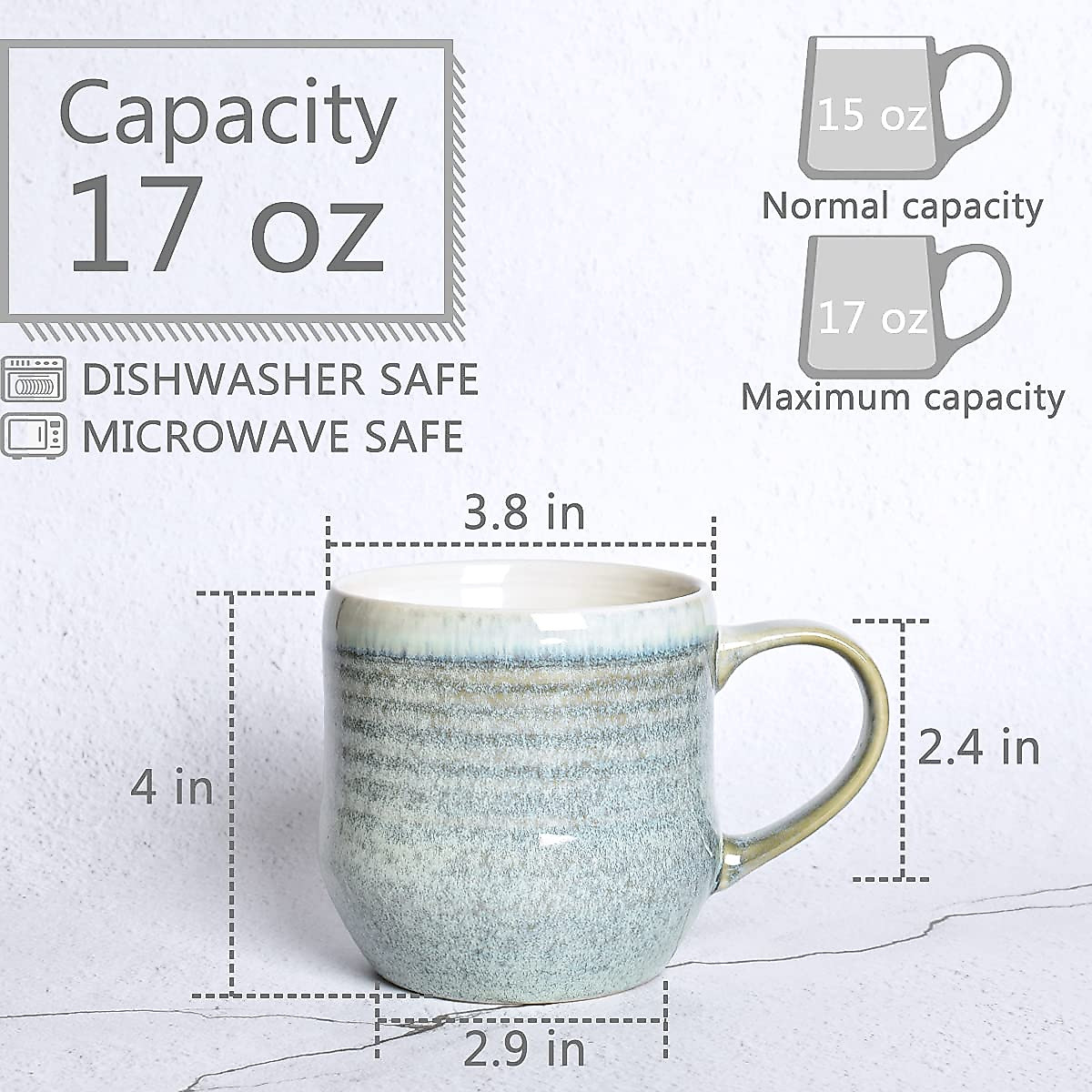 Bosmarlin Large Ceramic Coffee Mugs Set of 2, 17 Oz, Big Tea Cup for Office and Home, Dishwasher and Microwave Safe (Willow Green, 2)