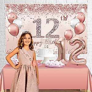 Trgowaul 12th Birthday Decorations Party Set for girls, Rose Gold 12 Birthday Banner and Tablecloth, 12& Fabulous Sash and Tiara, 1PC Happy 12th Birthday Cake Topper, Pink Gold 12 Number Balloons