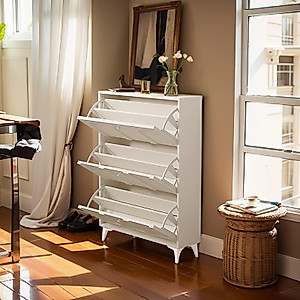 Modern Shoe Cabinet with 3 Flip Drawers,Adjustable Slim Freestanding Narrow Shoe Rack Tipping Bucket Shoe Cabinet with Door Open Shelves for Entryway