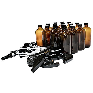 (Pack of 16) 16 oz. Amber Boston Round with Black Poly Cone Cap and 16 Black Trigger Sprayers