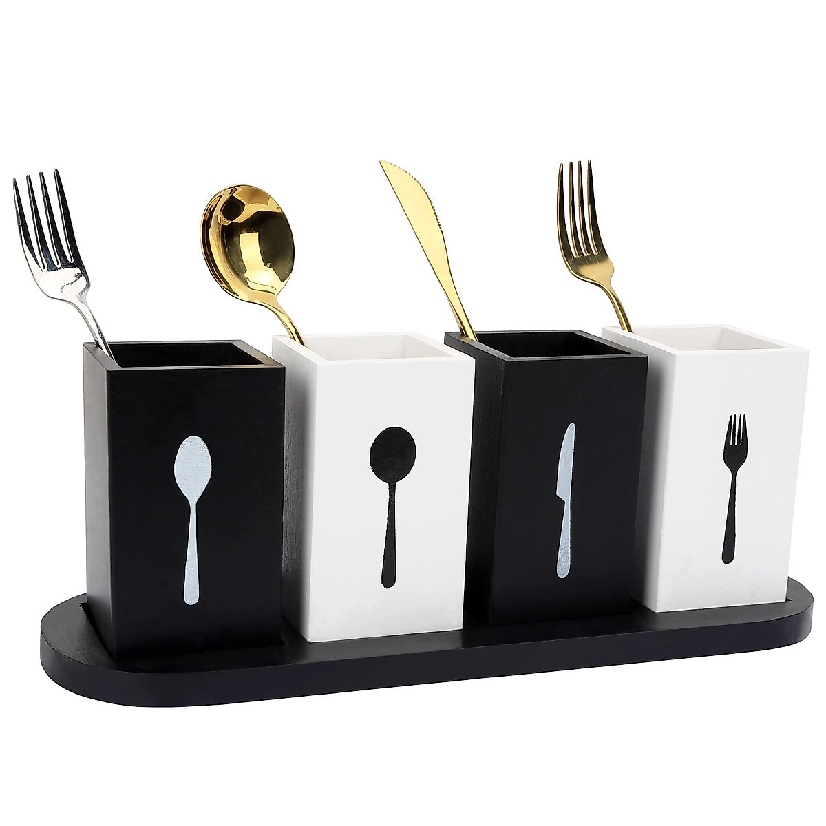 5 Pieces Silverware Holder with Wood Tray, Farmhouse Silverware Holder, Wooden Silverware Organizer, Spoon Fork Holder, Wooden Cutlery Holder, Flatware Organizers for Knives Restaurant Kitchen Storage