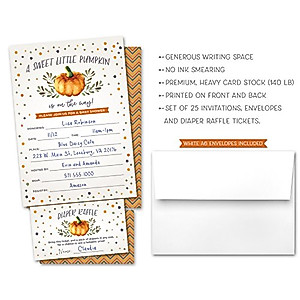 Koko Paper Co Sweet Little Pumpkin on the Way Baby Shower Invitations and Diaper Raffle Tickets | 25 Invitations + 25 Bright White Envelopes + 25 Diaper Raffle Tickets | Made in the U.S.A
