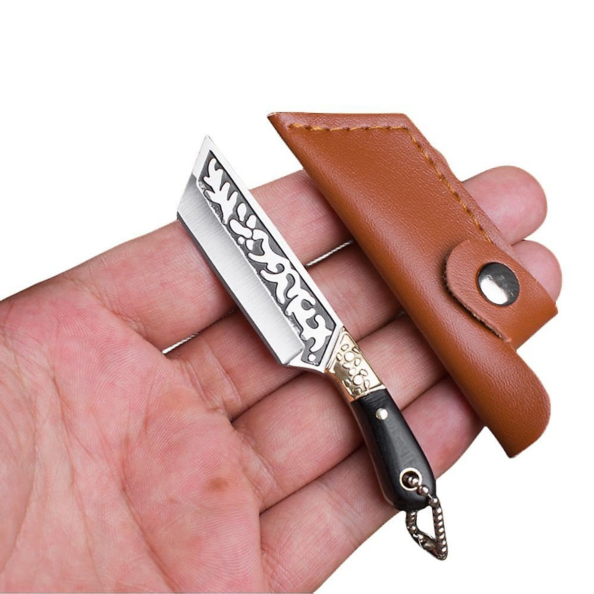 SZHOWORLD Ultra Small Fixed Blade Knife, 1.5 inch 5Cr15 Stainless Steel Blade with Brass+Colored Wood Handle, Mini Straight Knife/Box Cutter with Leather Sheath for EDC Collection Gift (Black)