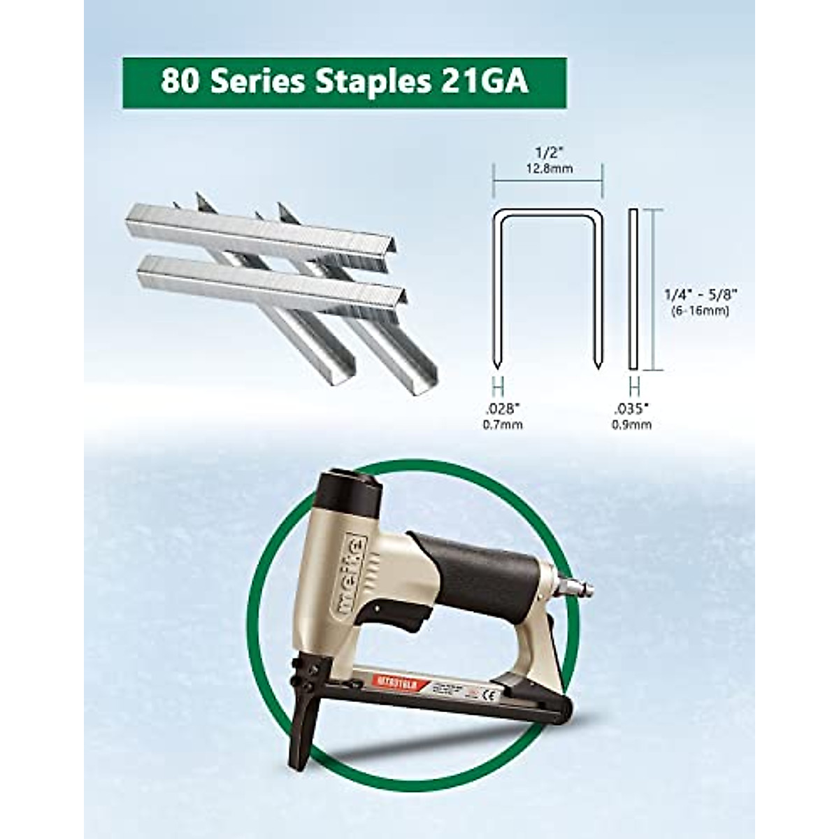 meite MT8016LN Pneumatic Upholstery Stapler 21 Gauge 80 Series 1/2-Inch Crown 1/4" to 5/8" Length Air Fine Wire Stapler Gun with Long Nose