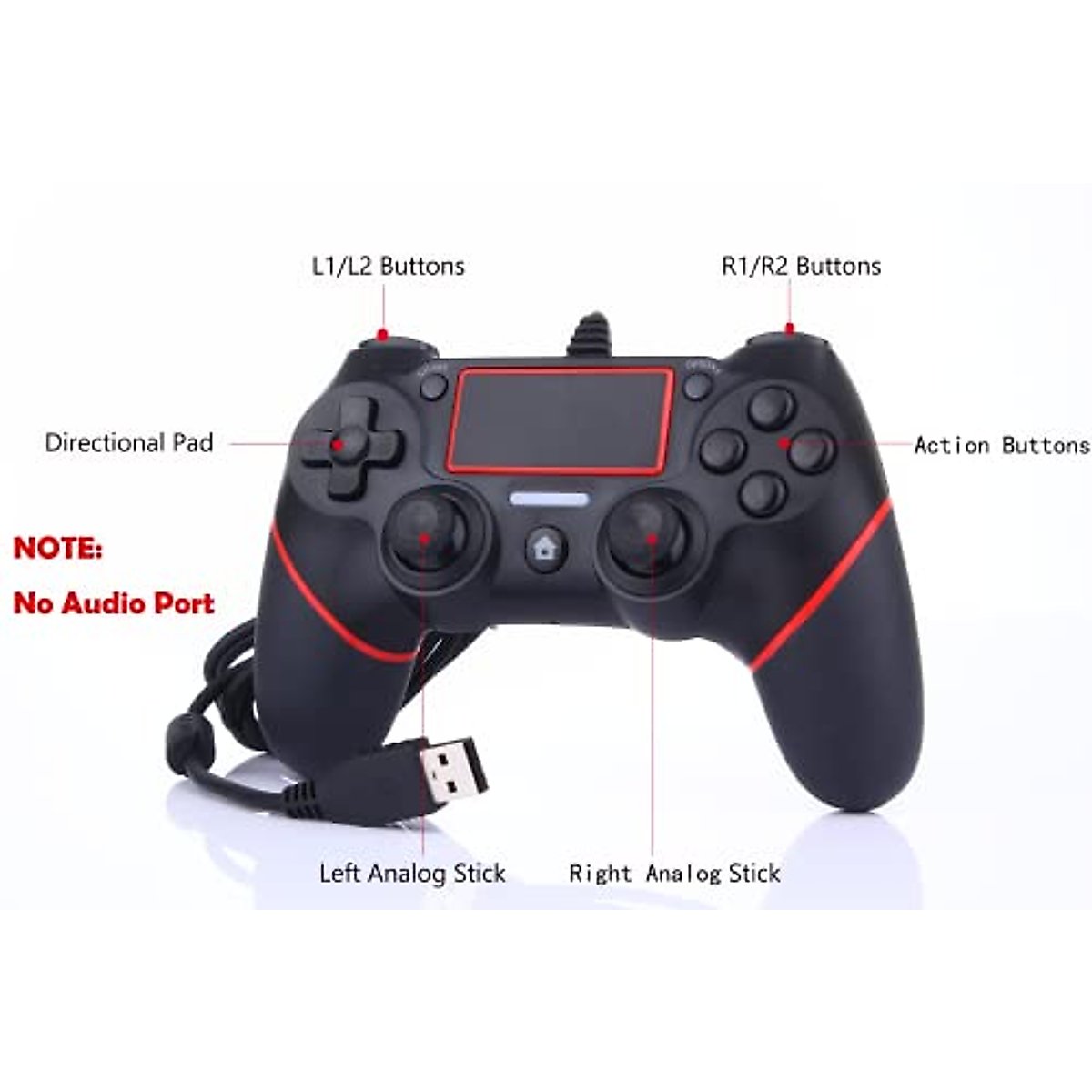 Wintek Inone PS-4 Wired Controller for PS-4/Pro/Slim/PC/Laptop, USB Plug Gamepad Joystick with Dual Vibration and Anti-Slip Grip, Professional USB PS-4 Wired Gamepad（Black & Red）