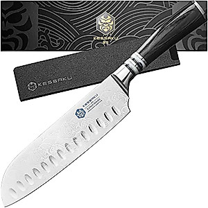 KESSAKU 7-Inch Santoku Knife - Ronin Series - Granton Edge - Forged High Carbon 7Cr17MoV Stainless Steel - Pakkawood Handle with Blade Guard