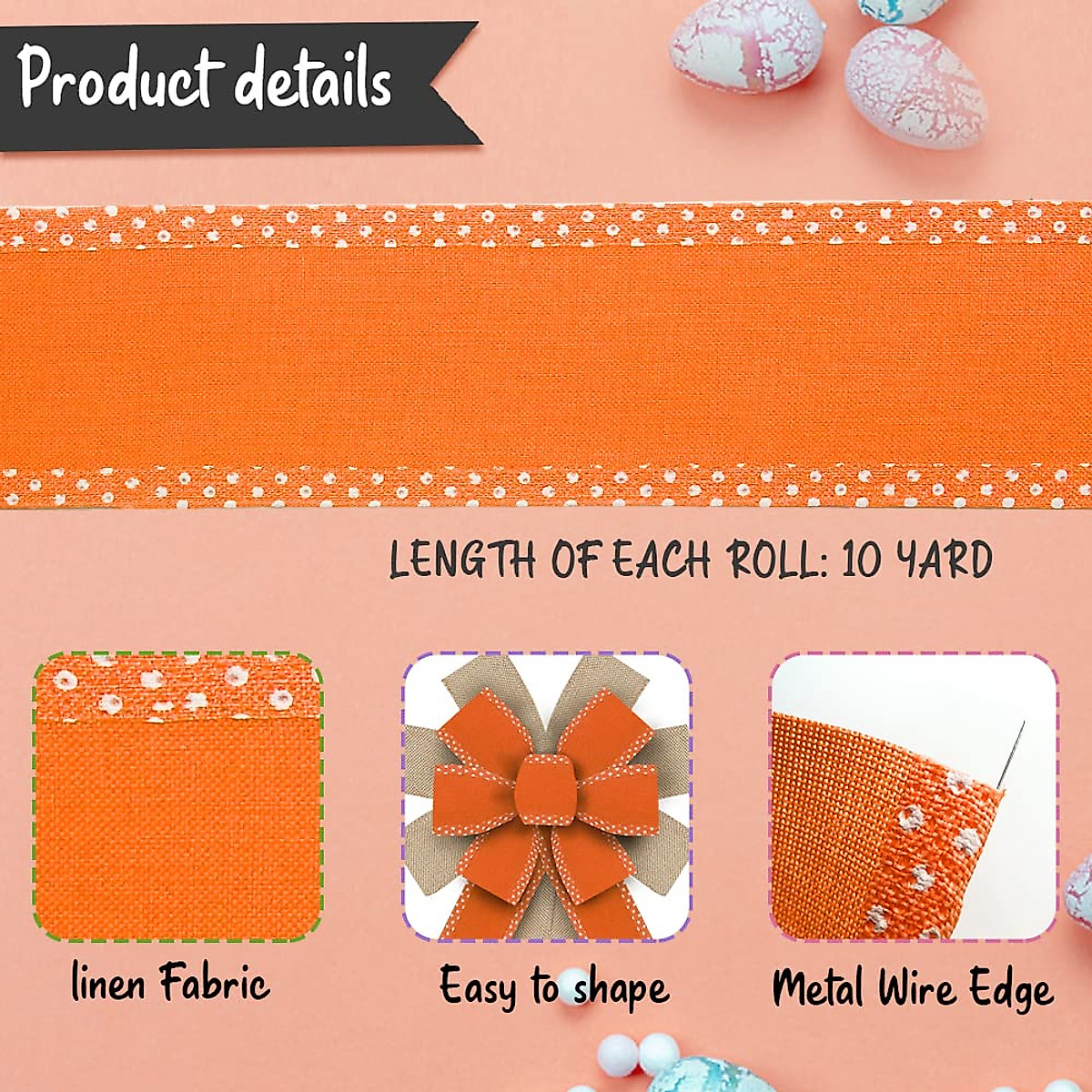 Estivaux Easter Green Ribbons 2.5 Inch ×10 Yards, Easter Wired Edge Ribbons Linen Burlap Ribbons Holiday Craft Ribbon Bows for Gift Wrapping Easter St. Patrick's Day Decorations