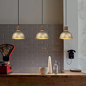 2 Pack 1 Light 8” Vintage Gold Pendant Light Fixtures,Industrial Hammer Metal Hanging Light Rubber Wood Brushed Brass Finish Pendant Lamp for Kitchen Island,Farmhouse Dining Room Over Sink