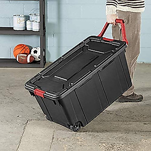 Astede 40 Gallon/151 Liter Wheeled Industrial Tote Black Lid And Base W/ Racer Red Handle And Latches 2-pack