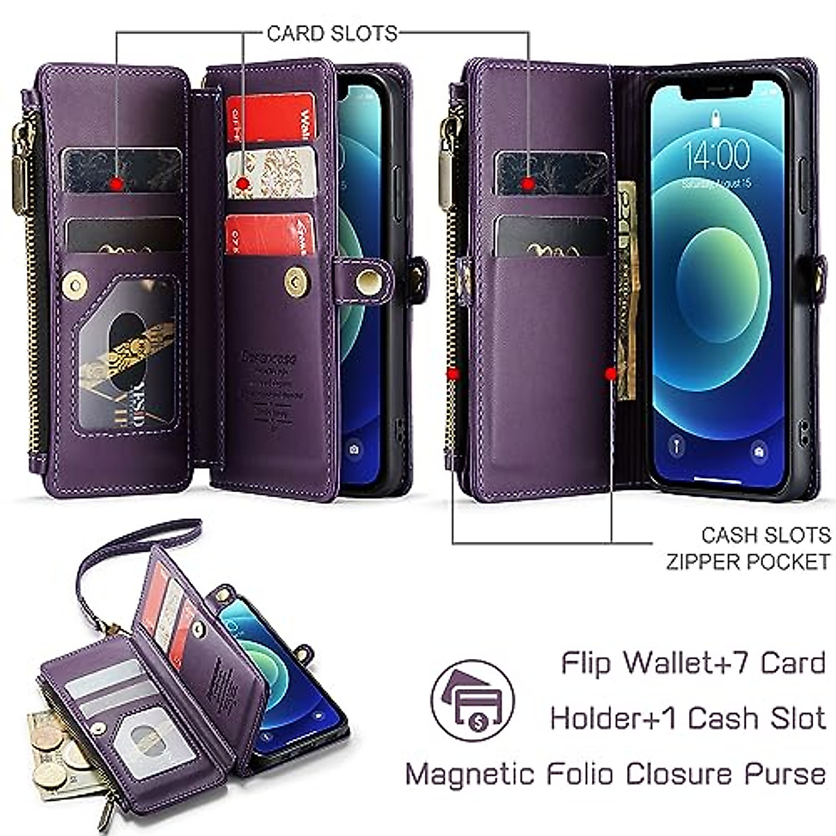 Defencase iPhone 12/12 Pro Case, RFID Blocking iPhone 12 Wallet Case for Women Men with Card Holder, Zipper Pocket Magnetic Flip PU Leather Strap Protective Cover for iPhone 12/Pro Phone Case, Purple