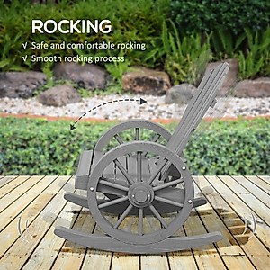 Outsunny Wooden Rocking Chair, Adirondack Rocker Chair w/Slatted Design and Oversized Back, Outdoor Rocking Chair with Wagon Wheel Armrest for Porch, Poolside, and Garden, Gray