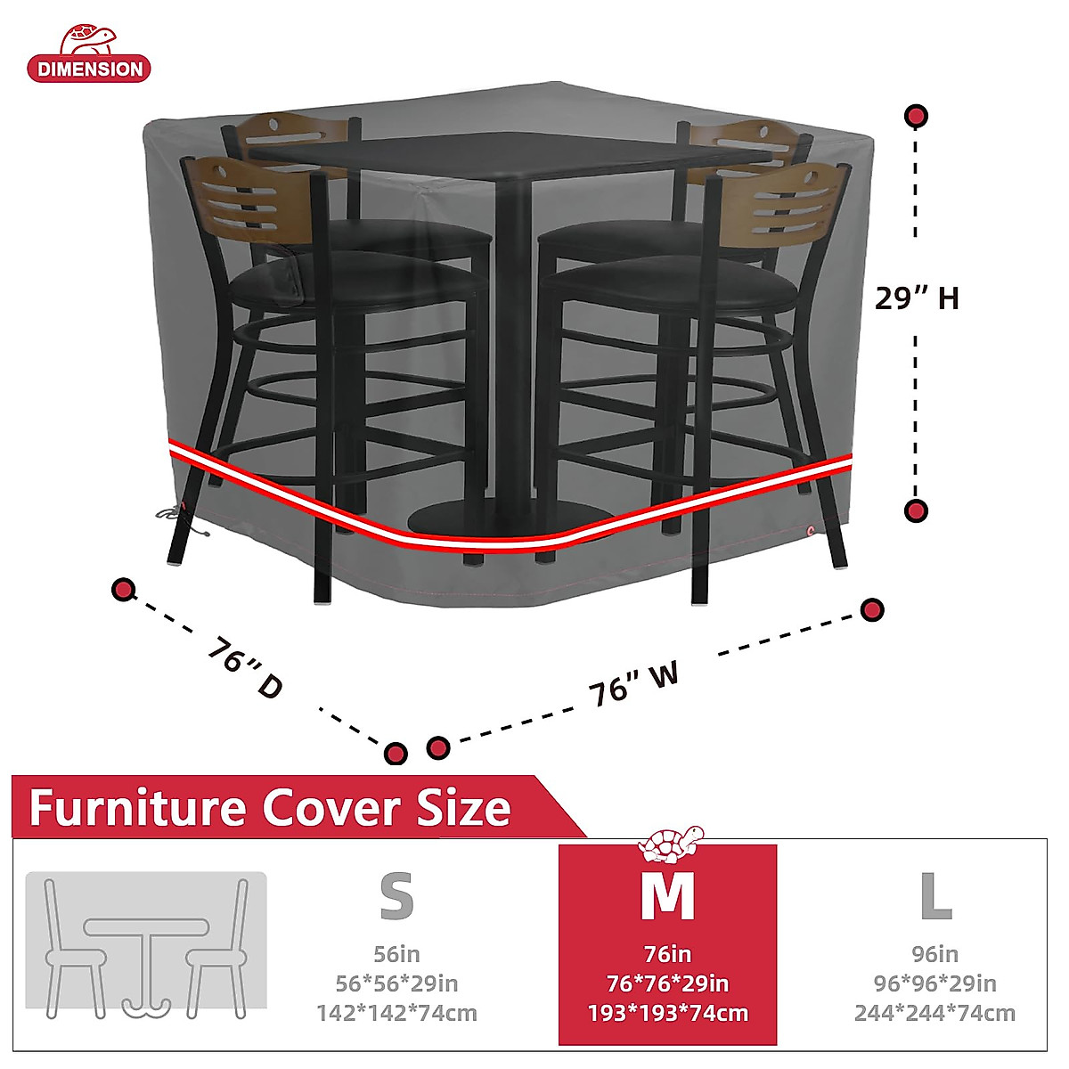 Turtle Life Patio Furniture Sets Cover, Heavy Duty Square Durable Waterproof Outdoor UV Resistant Anti-Fading Dining Table Chairs Furniture Cover, Black, 76"Lx76"W x 29"H