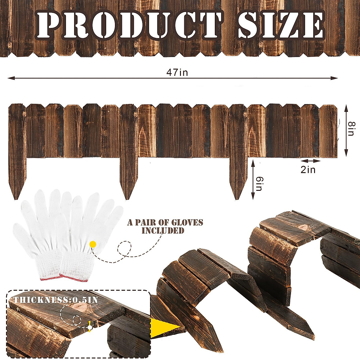 Wood Garden Edging Border Fence with White Gloves Wooden Fence Landscape Wood Border Edging for Garden Yard Pathway Outdoor Patio Decoration 8 x 47 Inches