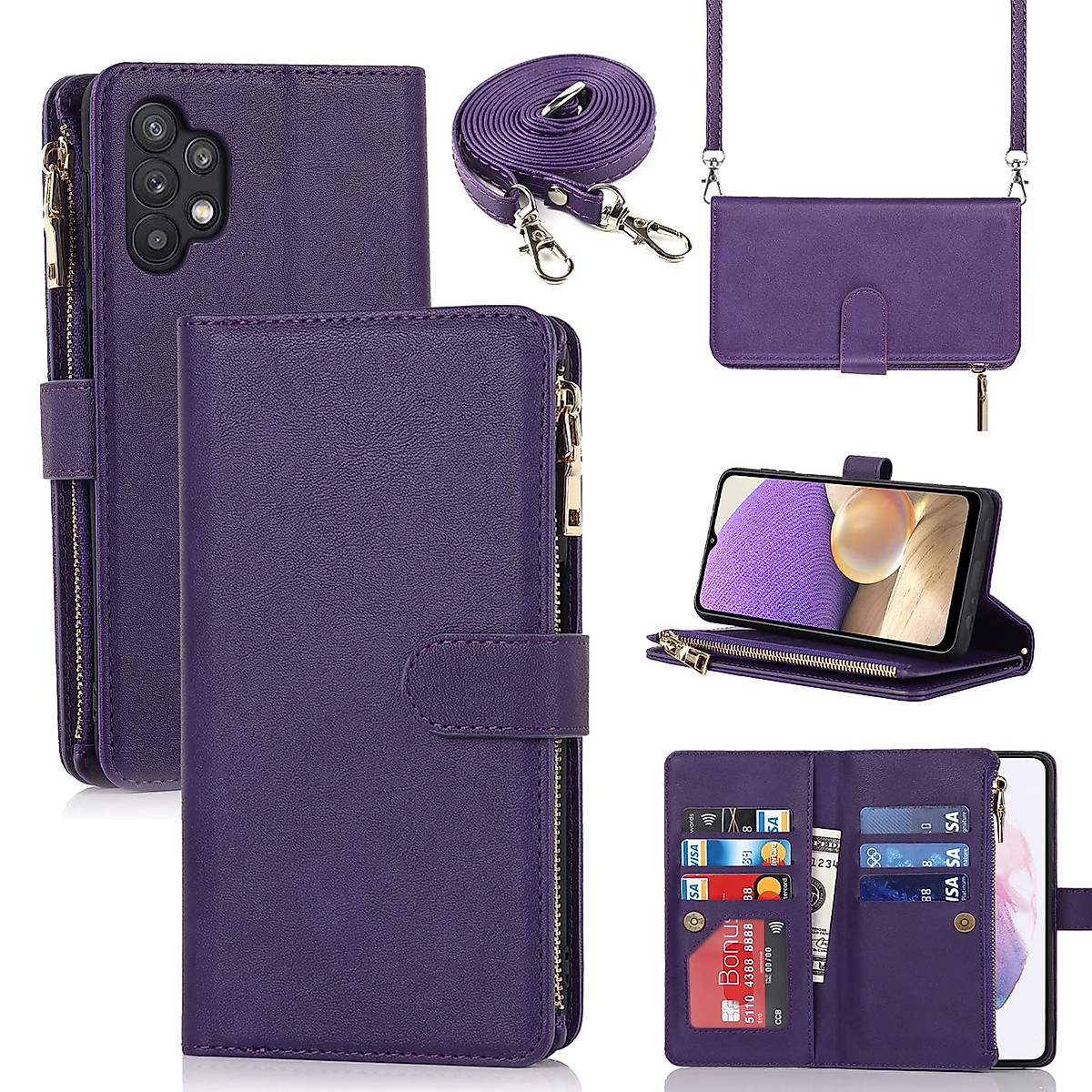 Jaorty Samsung Galaxy A32 5G Wallet Case,[9 Card Slots] Removable Adjustable Crossbody Necklace Lanyard Shoulder Strap Zipper Magnetic Leather Case for Samsung Galaxy A32 5G,6.5 inch Purple