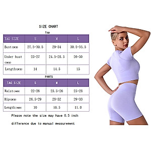 IWEMEK Yoga Outfits for Women 2 Piece Workout Sets Seamless Tummy Control Yoga Leggings Running Biker Shorts and Short Sleeve Crop Tops Athletic Gym Clothes Light Purple Large