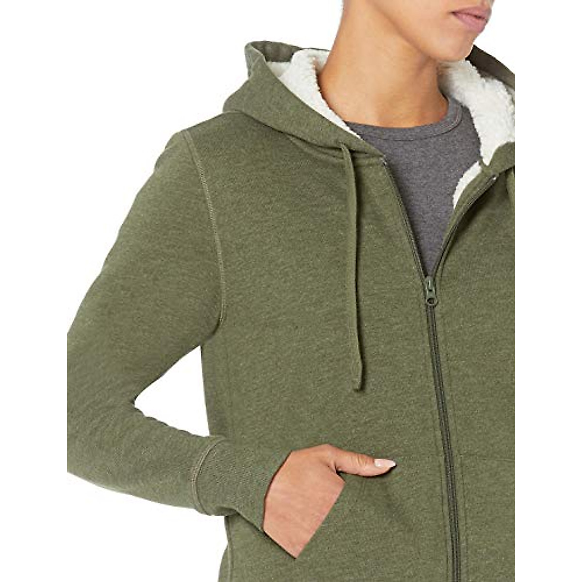 Amazon Essentials Women's Sherpa-Lined Fleece Full-Zip Hooded Jacket (Available in Plus Size), Olive Heather, Large