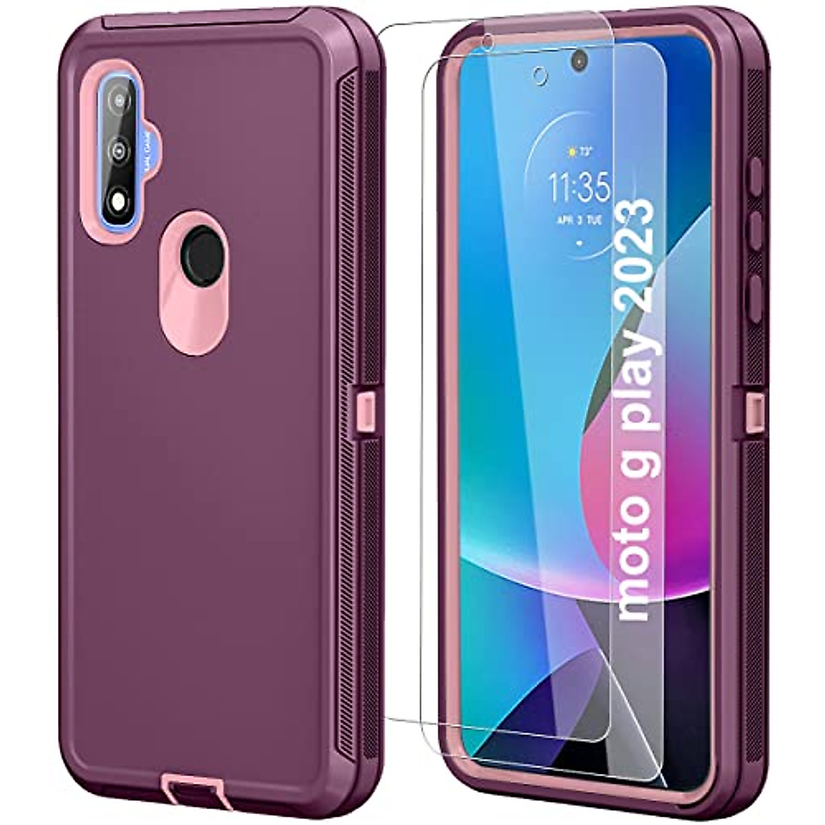 Qinmay for Moto G Play 2023 Case with HD Screen Protector (2 Packs),Motorola Moto G Play 2023 Phone Case 3 in 1 Heavy Duty Armor Shockproof Phone Case for Motorola Moto G Play 2023 (WineRed Pink)