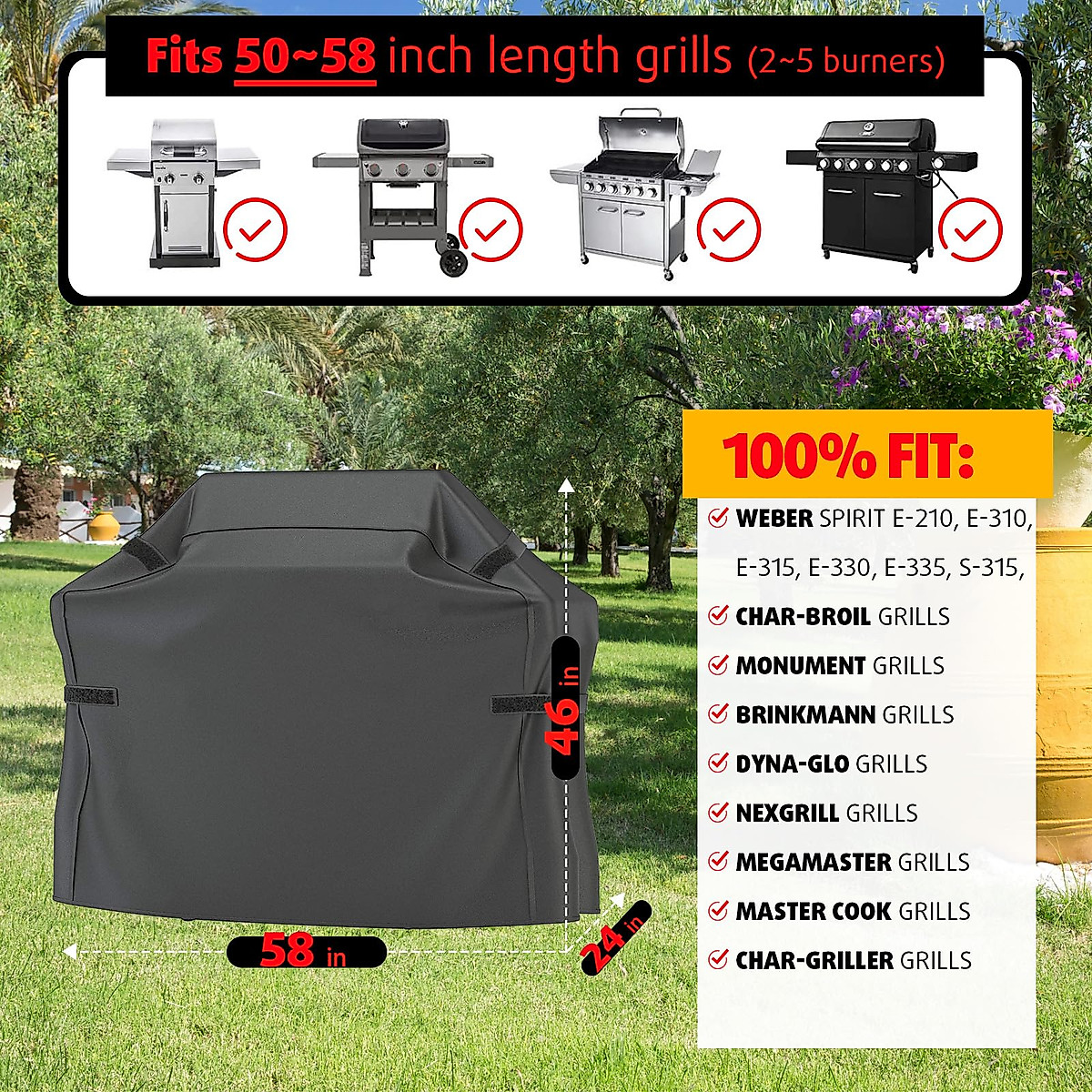 Cbiumpro 58 Inch Grill Cover for Outdoor Grill, Durable Weatherproof BBQ Covers for Outside Weber Spirit E-210, E-310, E-315, E-330, E-335, S-315, Char-Broil, Brinkmann, Nexgrill (2-5 Burner)