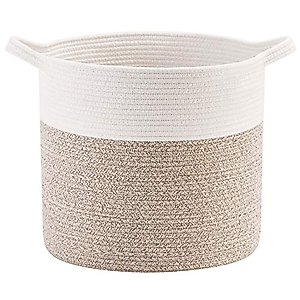 MINTWOOD Design 15 x 14 Inches Decorative Woven Cotton Rope Storage Basket, Stuffed Toy Basket Bin, Laundry Basket, Nursery Basket, Blanket Basket, Dog Toy Basket, Gift Basket, Brown