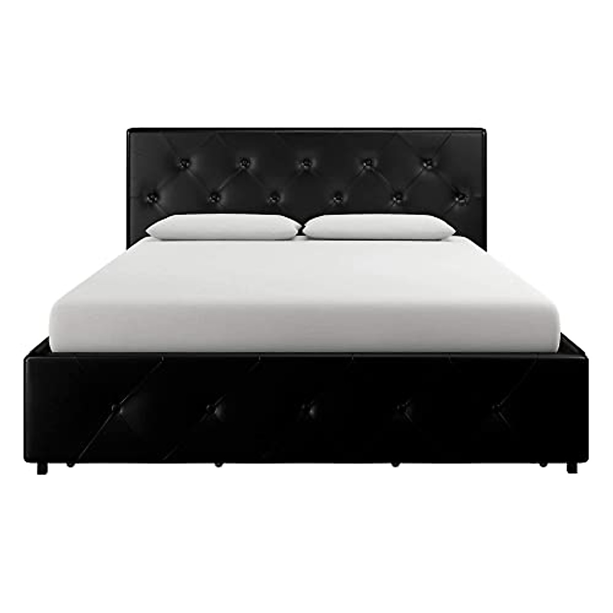 DHP Dakota Upholstered Platform Bed with Underbed Storage Drawers and Diamond Button Tufted Headboard and Footboard, No Box Spring Needed, Queen, Black Faux Leather