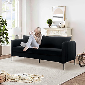 85 Inch Velvet Sofa, Mid Century Modern Comfy Upholstered Sofa Couch with Metal Legs 3 Seater Sofa High-Density Foam and 6.3 Inch Extra Thick Cushion Couch for Living Room Apartment（Black）