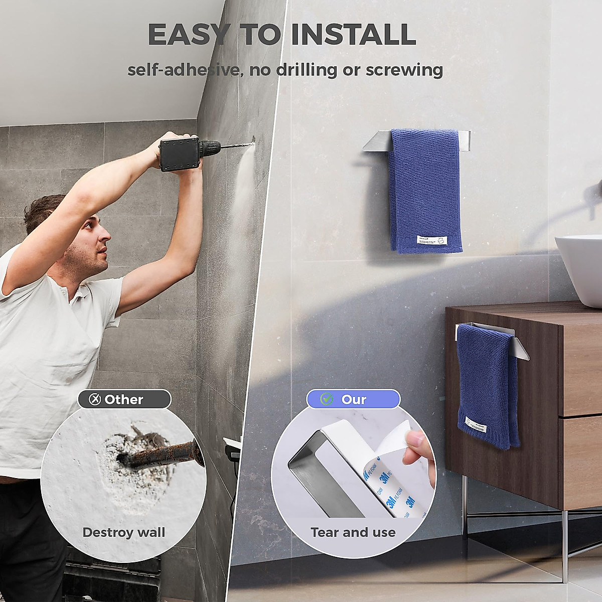 Wall Mount Towel Holder Self Adhesive Towel Rack 304 Stainless Steel Stick on Hand Towel Stand 8 Inch Heavy Duty Towel Hanger for Bathroom No Drilling Towel Bar Hardware Brushed Silver 1 PCS