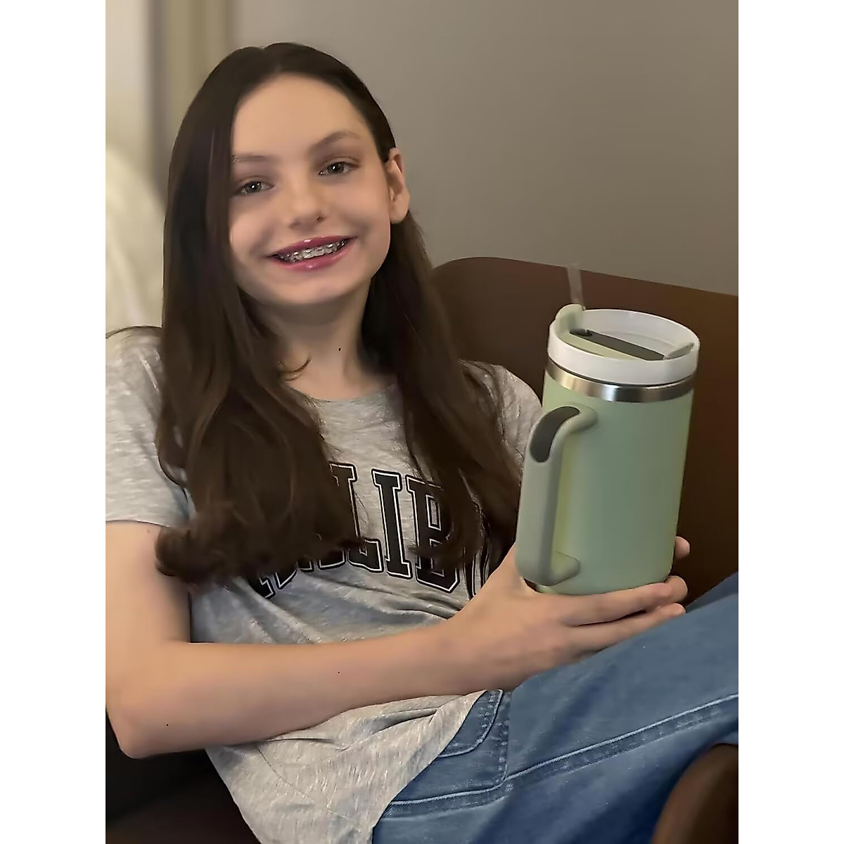 GOGOJOVE 40 OZ Tumbler with Handle and Straw,Double Wall Vacuum Reusable Stainless Steel Water Bottle for Home, Office or Car,Keep Hot/Cold for Hours (Grey)