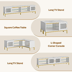 Bestier 80 inch TV Stand for TVs Up to 85", 4 in 1 Entertainment Center with LED Lights, Modern Media Console Table with Storage Cabinet & Adjustable Shelves, for Living Room Bedroom, White Marble