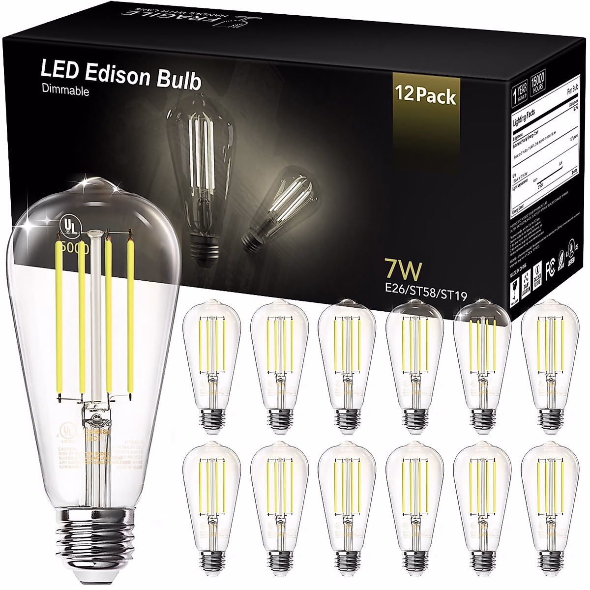 VOLIVO Edison Light Bulbs, Dimmable 7W Vintage LED Bulbs, E26 Medium Base, Daylight White 5000K, Ultra Bright, ST58, 60W Equivalent, 80+CRI,Clear Glass Filament Bulbs, Classic Antique Style 12 Pack