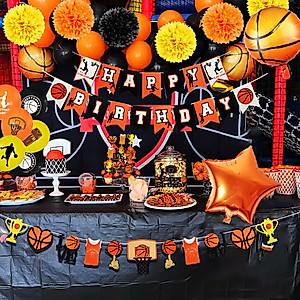 BORAMDO Basketball Party Decorations Pack, Basketball Birthday Party Supplies Including Basketball Felt Birthday Banner, Cake Toppers, Tissue Pom Pom Flowers (Basketball Birthday Party Set)