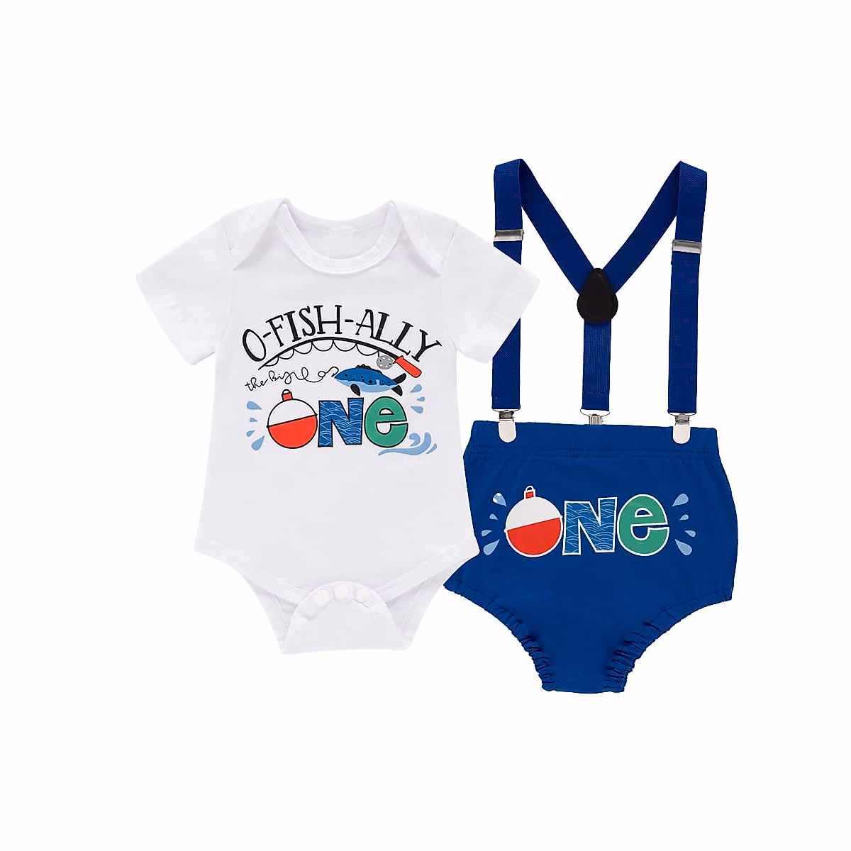 Fantasy Era Baby Boys O-Fish-Ally Printing 1st Birthday Outfit Funny Bowtie One Year Old Boys Romper Short Set （Blue，12-18Months）