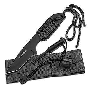 Survivor HK-106320B Fixed Blade Outdoor Knife, Black Tanto Blade, Black Cord-Wrapped Handle, 7-Inch Overall