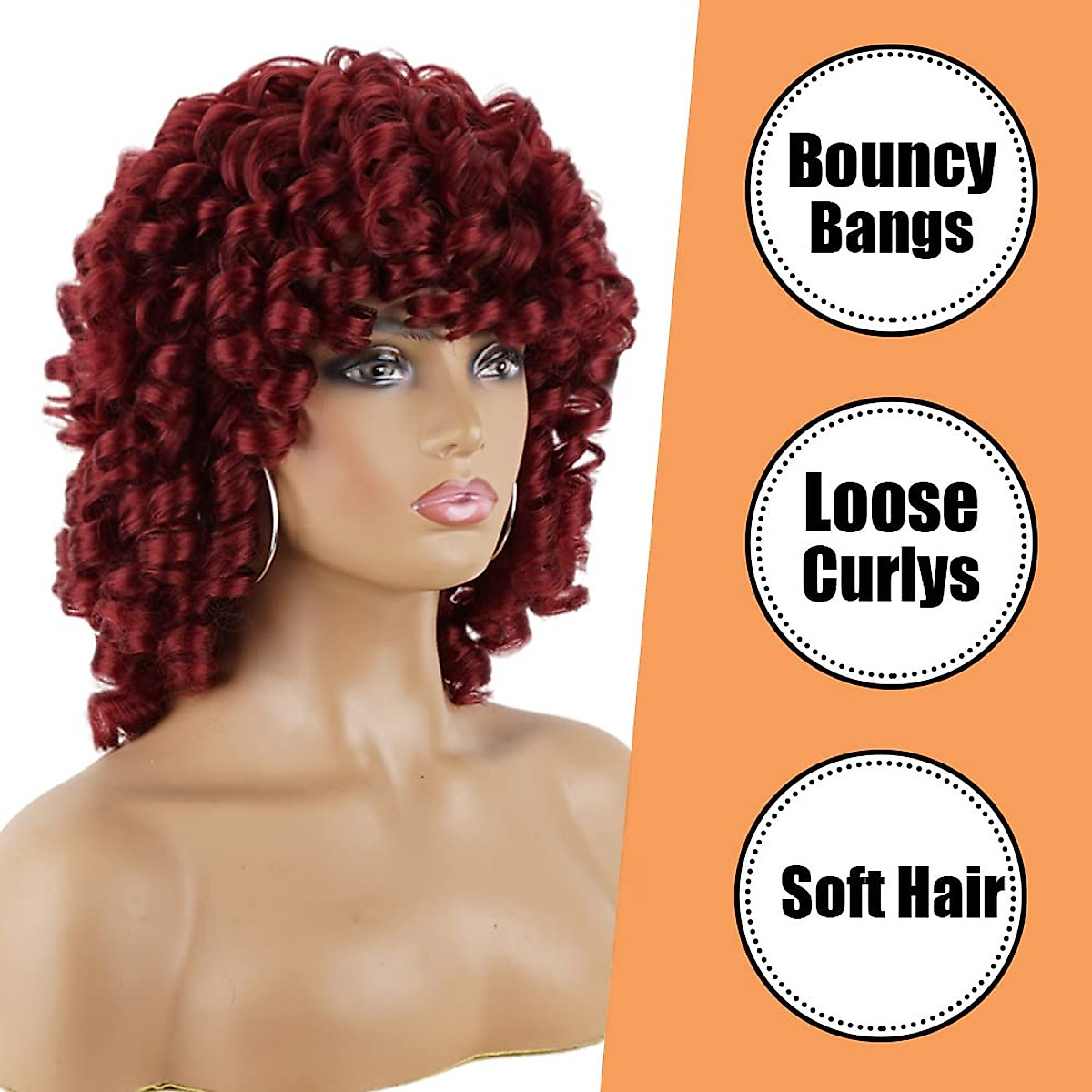 PHOENIXFLY Red Curly Wigs for Black Women Short Loose Burgundy Curly Wigs for Women Curly Synthetic Hair Wigs Heat Resistant Hair Replacement Wigs with Wig Caps(Burgundy,Red)