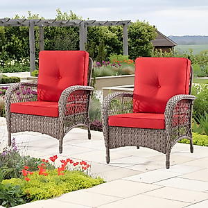 MeetLeisure Wicker Patio Chairs Set of 2 - Outdoor Rattan Chairs with Handmade PE Wicker & Olefin Fabric Cushions, Patio Rattan Chairs Suitable for Lawn Porch and Deck(Mixed Grey/Red)