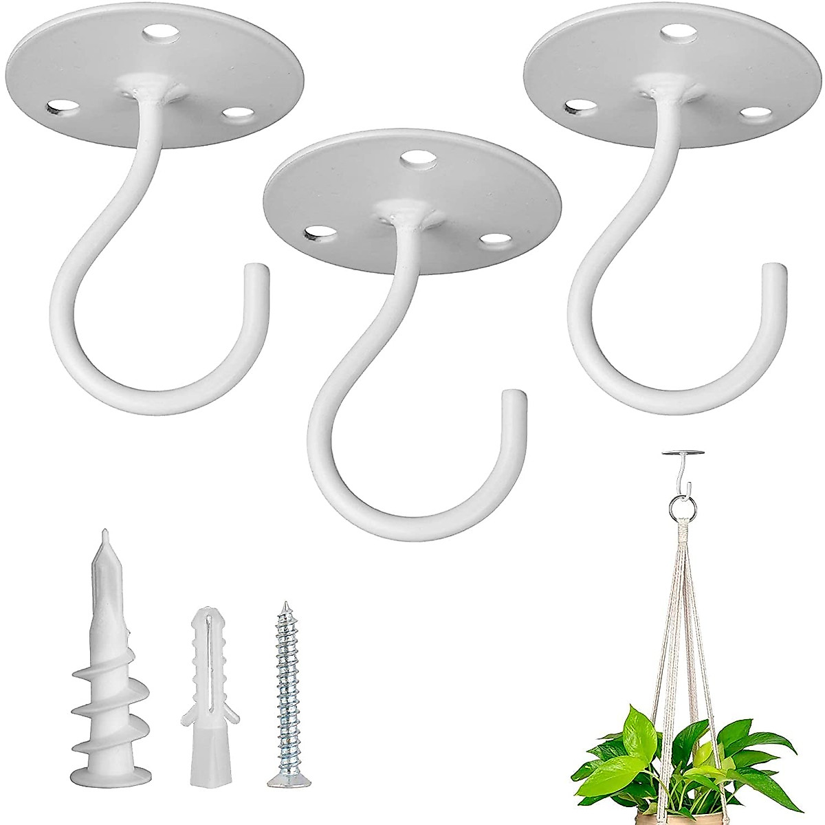 Ceiling Hooks for Hanging Plants - Metal Heavy Duty Wall Mounted Hangers for Hanging Bird Feeders, Planters, Wind Chimes, Include Professional Drywall Anchors (3-Pack (White)