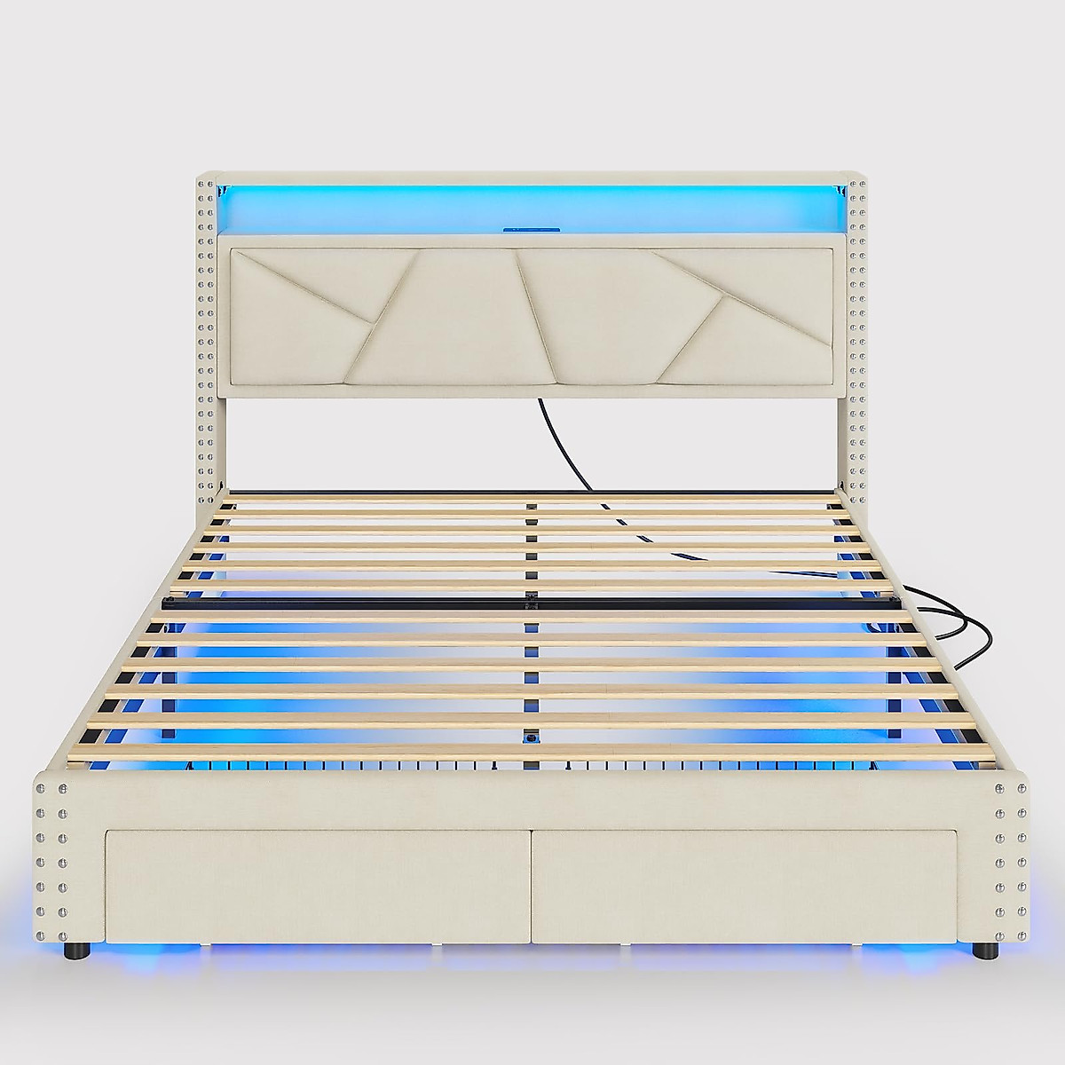 AOGLLATI Queen Bed Frame with Storage Drawers, Charging Station, Upholstered Led Bed Frame Queen Size with Storage Headboard, No Box Spring Needed, Beige