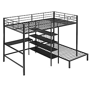 BOVZA Full Over Twin Metal Bunk Bed with Built-in Desk, Storage Shelves and Ladder, L Shaped Loft Bed Frame for Kids, Teens, Girls, Boys, Black