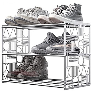 NiHome Silver 3-Tier Shoe Rack - Geometric Patterned Multi-Layered Organizer for Small Spaces with 6 Pair Storage Capacity, Ideal for Closets, Hallways, Entryways, Living Rooms and Bedrooms