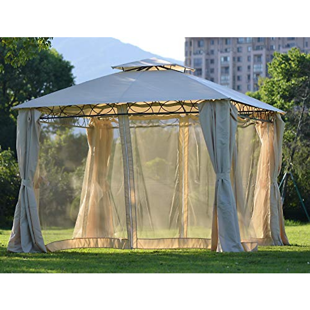 Tensun 10.6x10.6Ft Gazebo, Outdoor BBQ Gazebo Tent with UV Protection/Easy Assembly, Outdoor Canopy Tent with Mosquito Netting for Family Parties Outdoor Activities, Beige